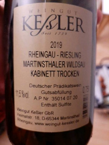 2020 Weingut Kessler Martinsthaler Wildsau Riesling Kabinett Trocken ...