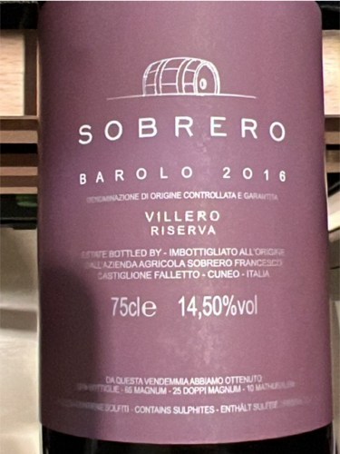2015 Sobrero Villero Riserva Barolo | Vivino 日本