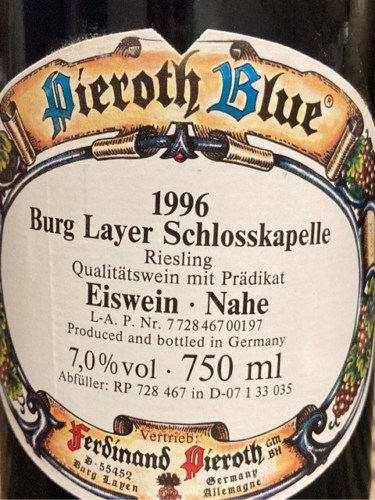 Pieroth Blue Burg Layer Schlosskapelle Riesling Eiswein | Vivino US
