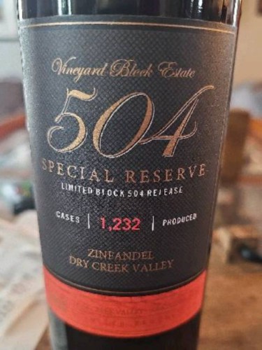 Vineyard Block Estate Limited Block 504 Special Reserve Zinfandel ...